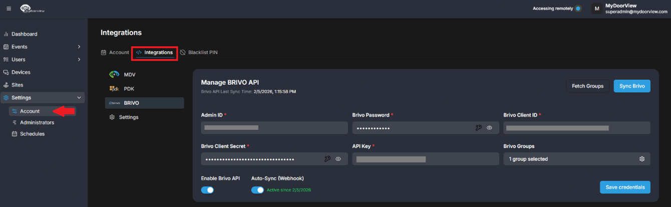 Setting Up the Brivo & MyDoorView Integration